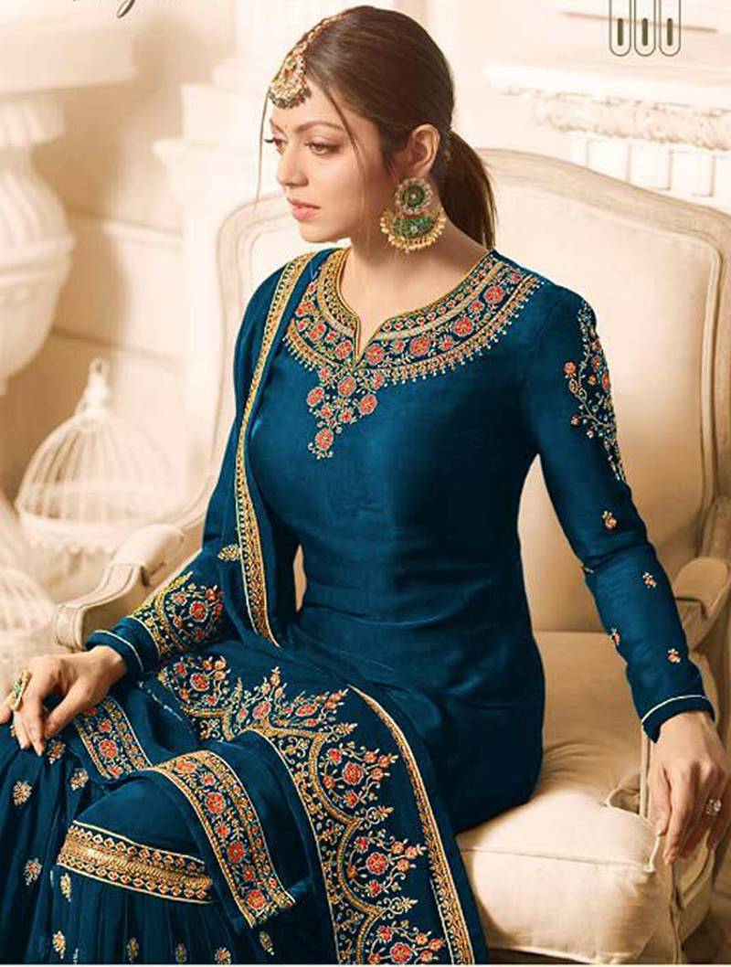 Dark-aqua-blue embroidered satin salwar - ZELLY - 2885926