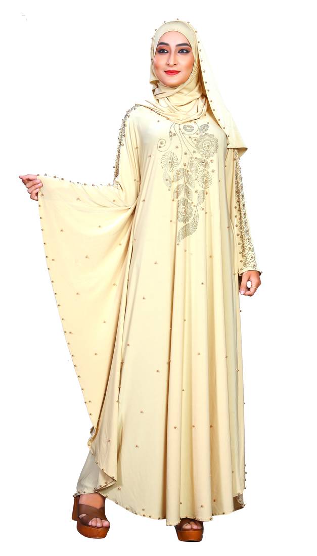 Cream Embroidered Lycra Burka - JSDC - 2886361