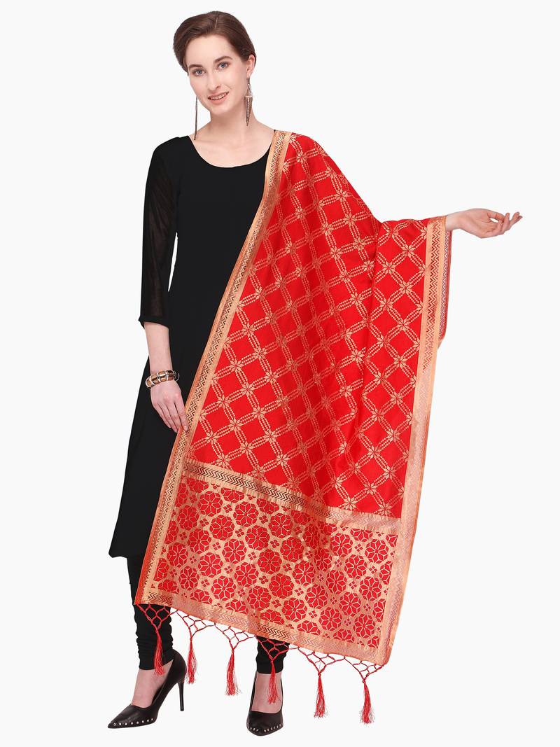 Women's Red Jacquard Woven Dupatta With Tussels (free size) - Blissta ...