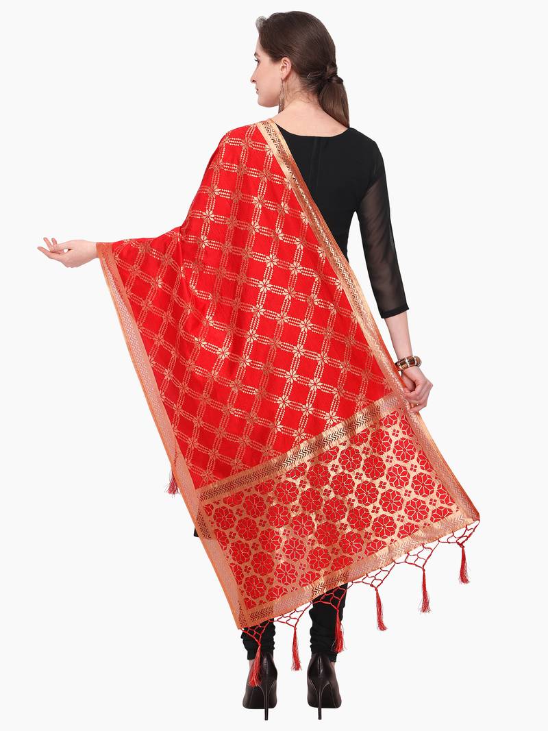 Women's Red Jacquard Woven Dupatta With Tussels (free size) - Blissta ...