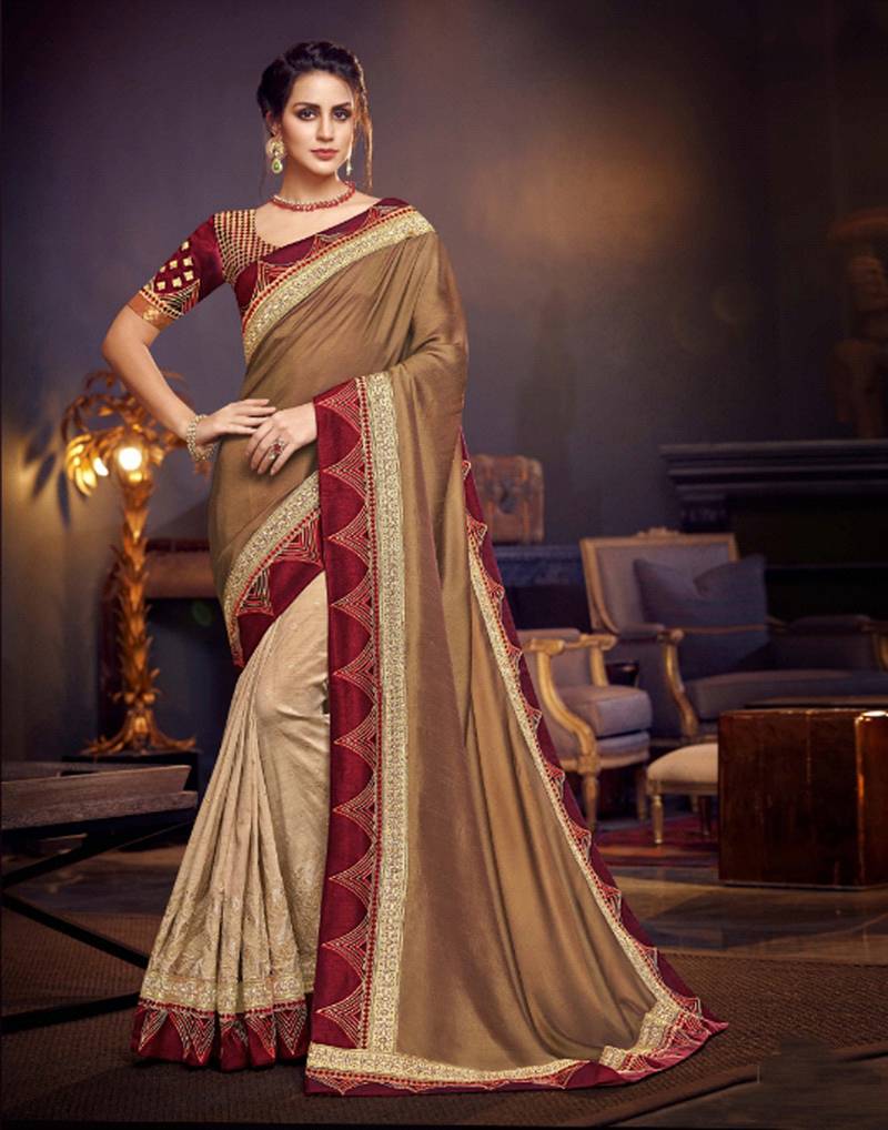 Brown embroidered silk blend saree with blouse - DesiButik - 2894827