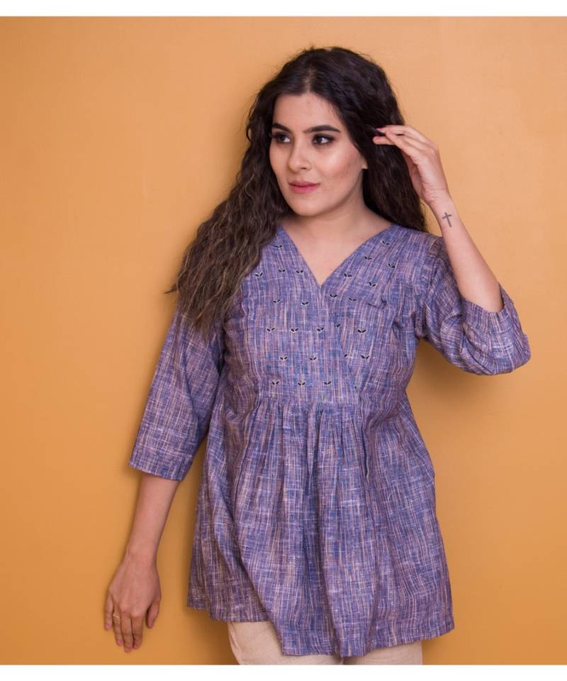 Blue Designer Top In Khadi Cotton - iwearkhadi - 2897167