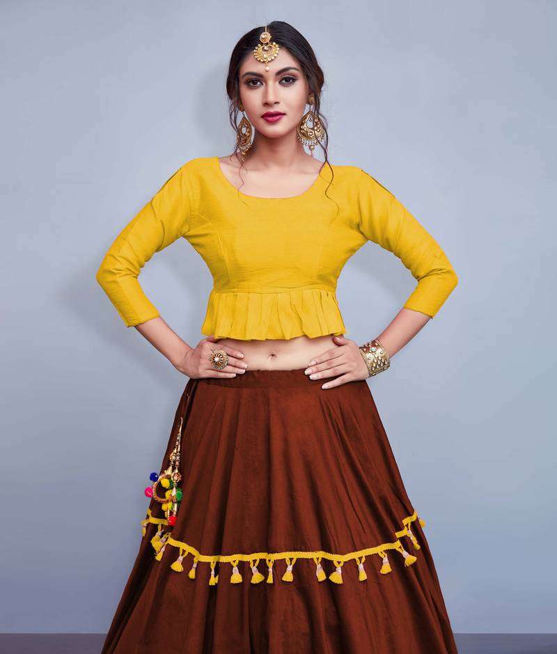Brown Plain Cotton Semi stitched Crop top Lehenga - MEGHALYA - 2897545