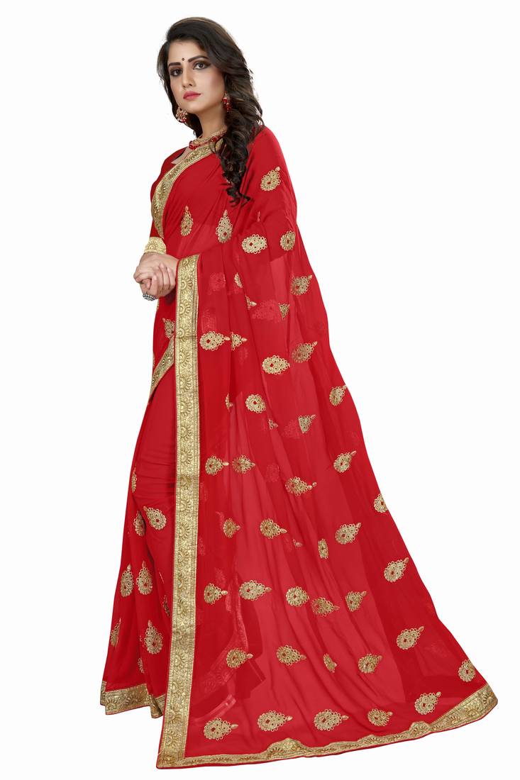 Red georgette saree with blouse - PRFASHION - 2897330