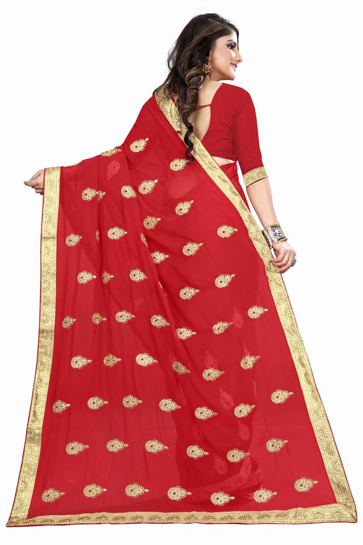 Red georgette saree with blouse - PRFASHION - 2897330