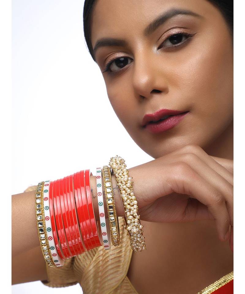 Red Chuda With Kundan Bangles & Heavy Pearl Bangles - Ruby Raang Studio - 2900696