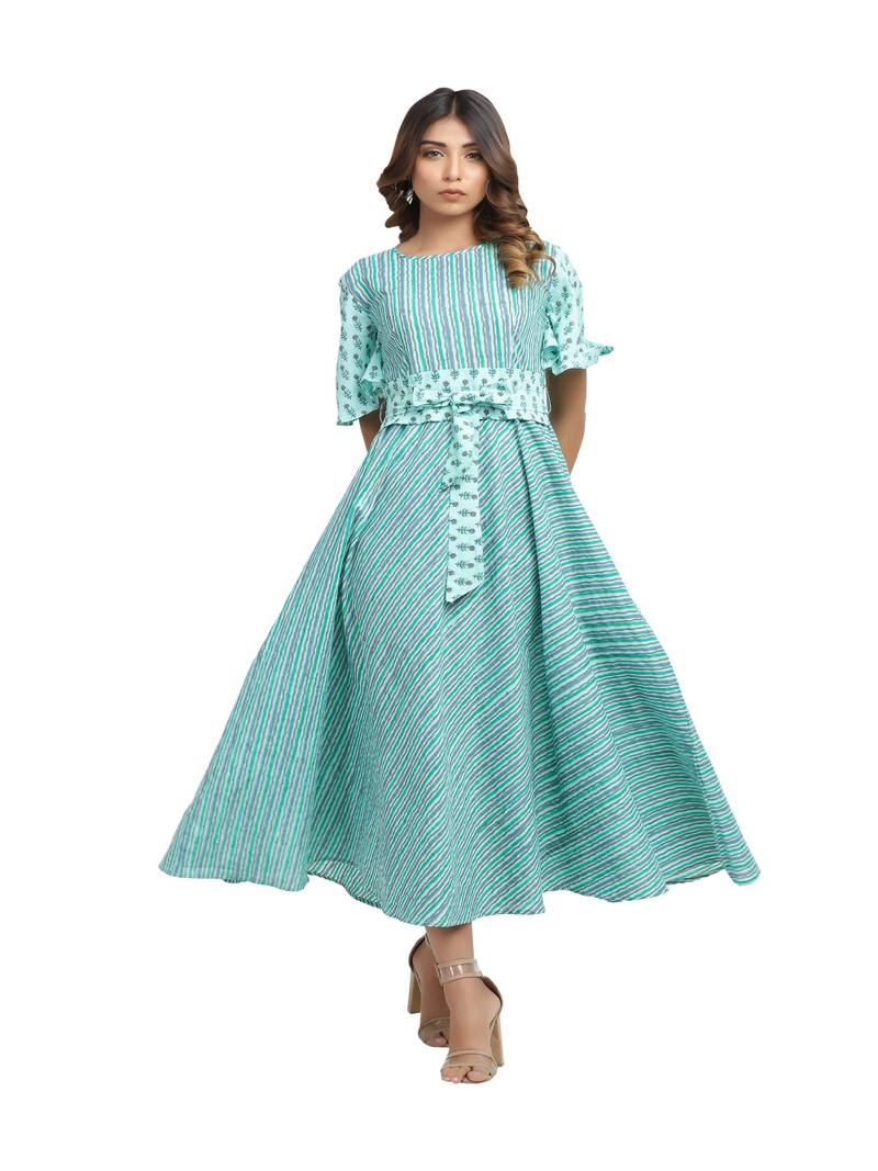 turquoise block print cotton stitched dresses - BLUE LOTUS - 2901952