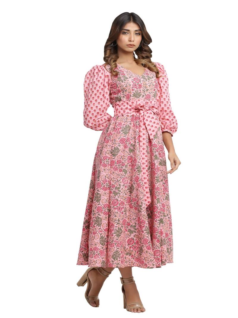 pink block print cotton stitched dresses - BLUE LOTUS - 2901961