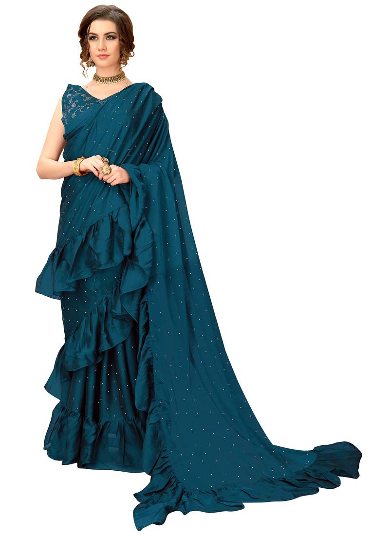 Dark blue plain chiffon saree with blouse - GLORY SAREES - 2905036