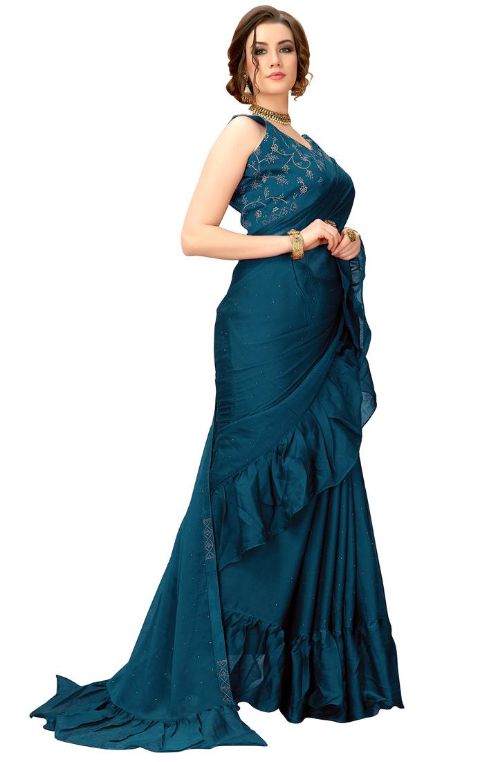 Dark blue plain chiffon saree with blouse - GLORY SAREES - 2905036