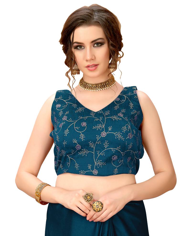 Dark blue plain chiffon saree with blouse - GLORY SAREES - 2905036