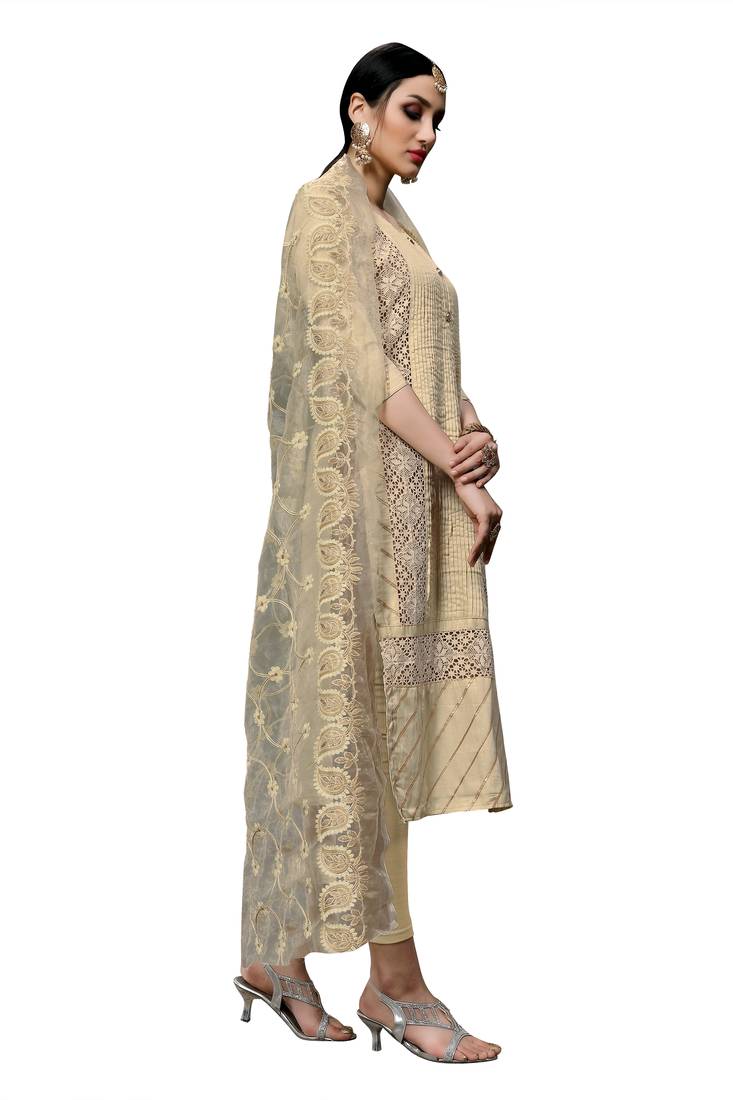 Beige Cotton Gota Patti Lace Work Suit For Women's - Blissta - 2906852