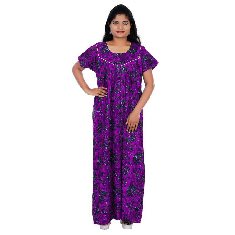 Purple and Grey colour Floral Design Printed Round Neck Cotton Nighty ...