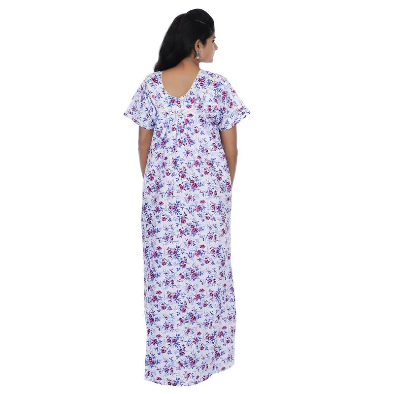 Blue and White colour Floral Design Printed Round Neck Cotton Nighty ...