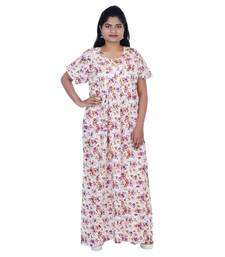Yellow and White colour Floral Design Printed Round Neck Cotton Nighty ...