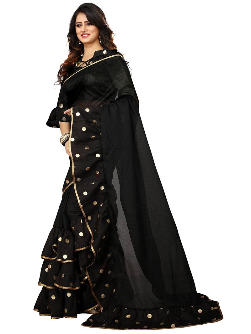 Black Color Silk Ruffle & Foil Printed Saree With Blouse Peice ...