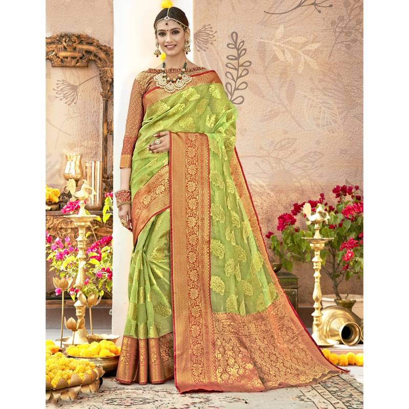 Light green woven tissue saree with blouse - Triveni - 2909225