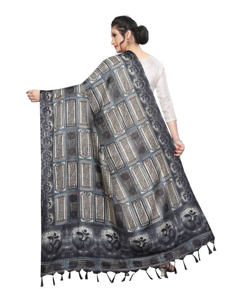Poly Silk Grey Ethnic Motif Printed Women's Dupatta With Tessals ...