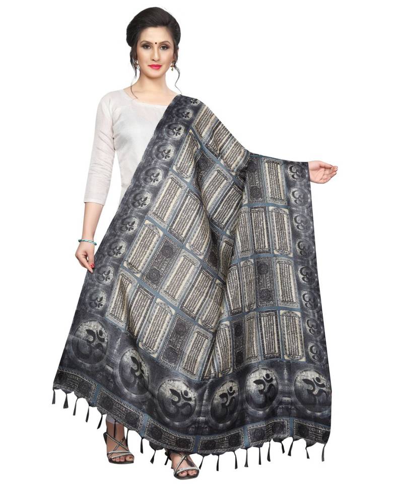 Poly Silk Grey Ethnic Motif Printed Women's Dupatta With Tessals ...