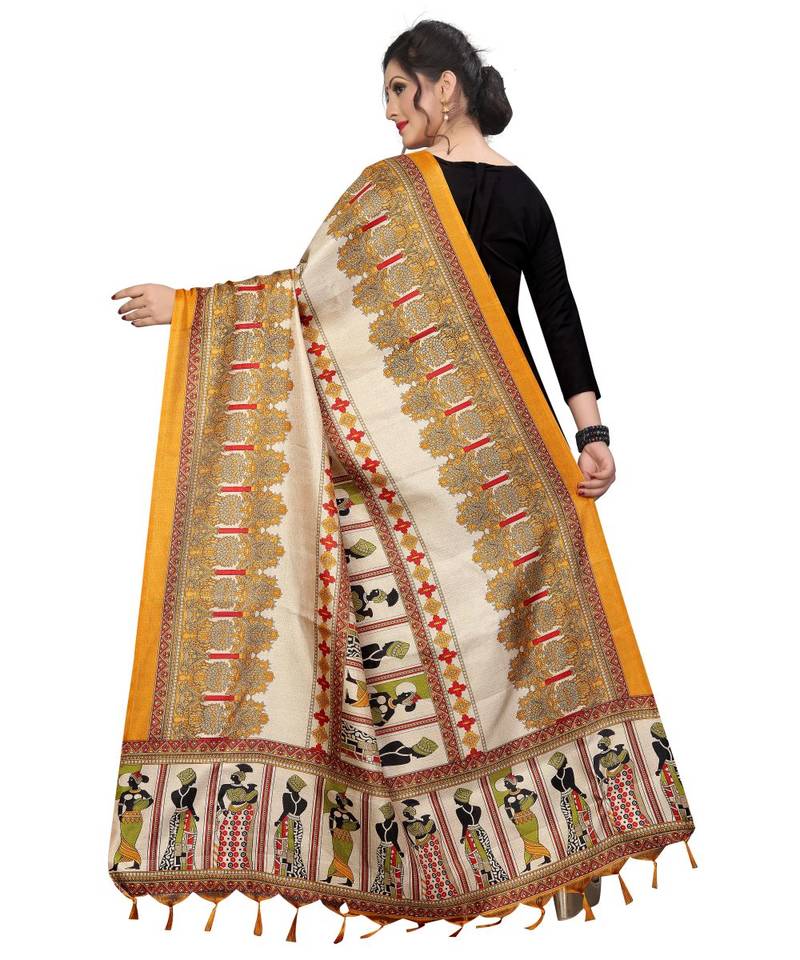 Poly Silk Beige & Mustard Ethnic Motif Printed Women's Dupatta With ...