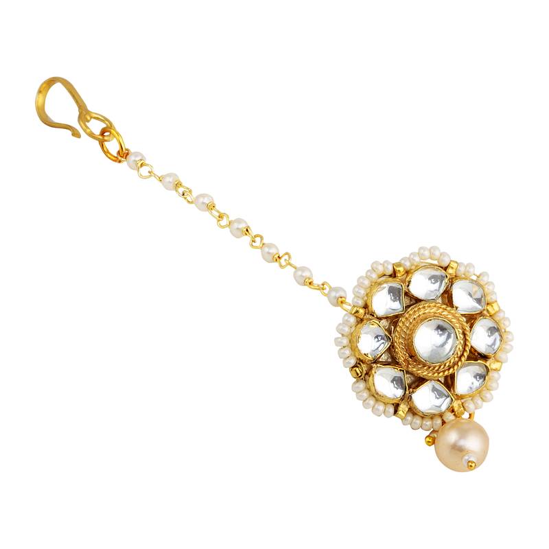 Gold pearl maang tikka - Dilan Jewels - 2912495