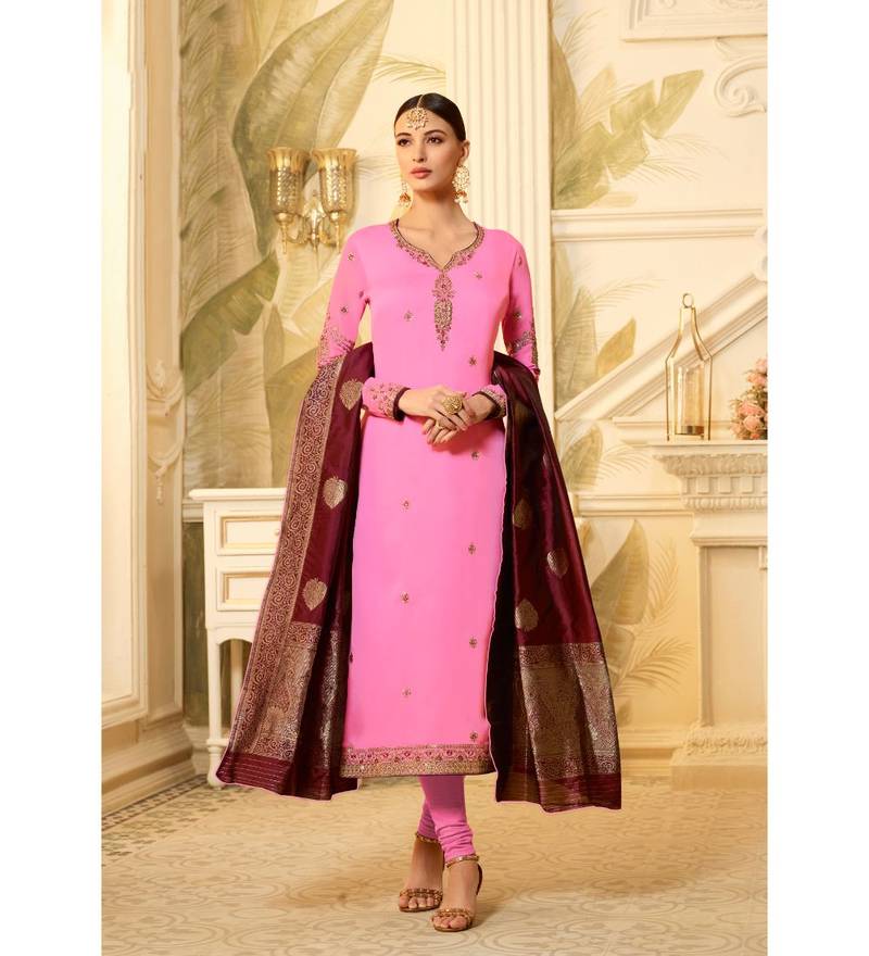 Baby Pink & Maroon Satin Georgette Women's Salwar Suit With Banarasi ...
