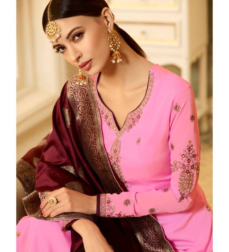 Baby Pink & Maroon Satin Georgette Women's Salwar Suit With Banarasi ...