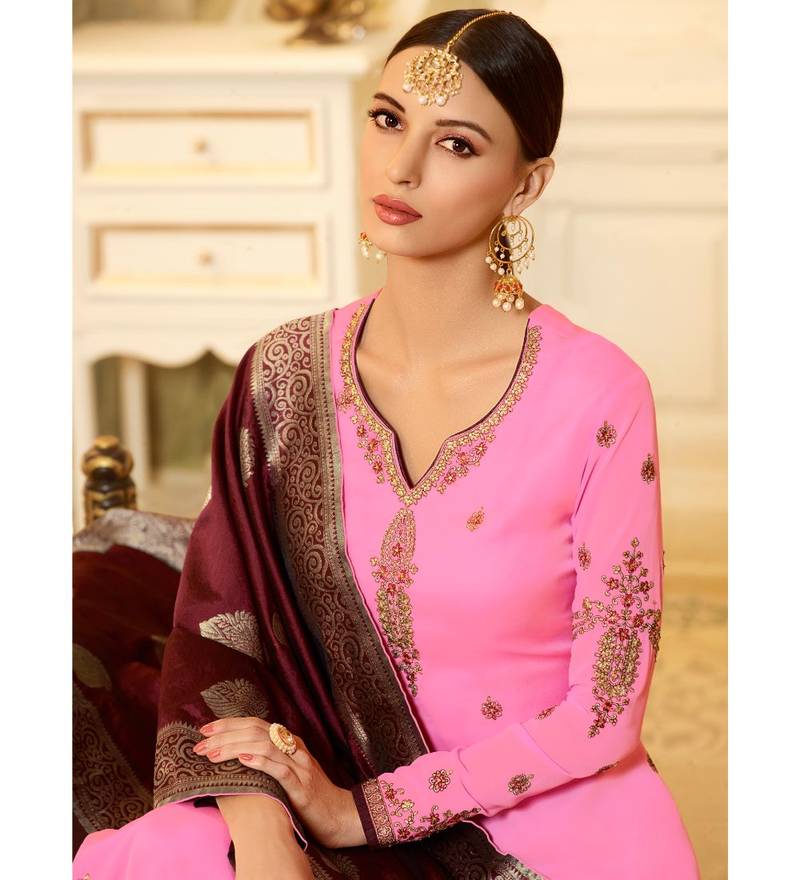 Baby Pink & Maroon Satin Georgette Women's Salwar Suit With Banarasi ...