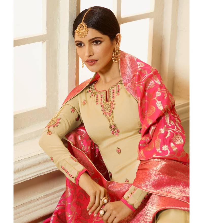 Cream & Pink Satin Georgette Women's Salwar Suit With Banarasi Dupatta ...