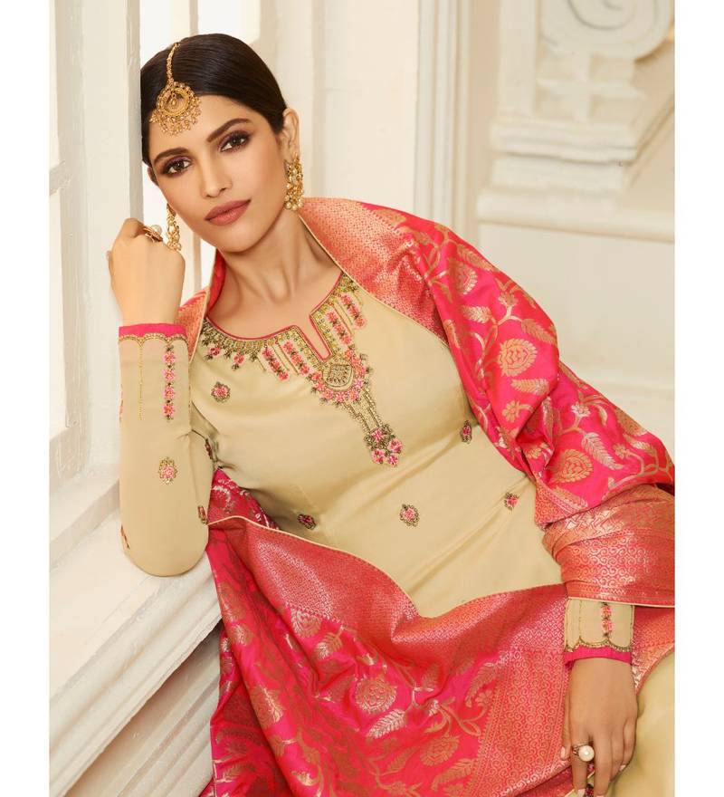 Cream & Pink Satin Georgette Women's Salwar Suit With Banarasi Dupatta ...