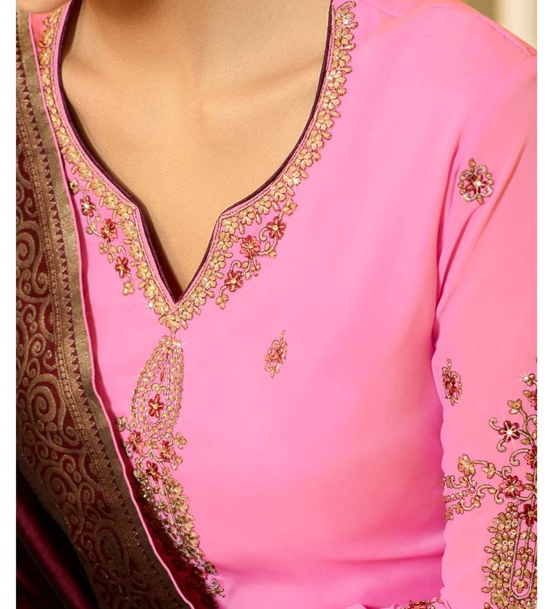 Baby Pink & Maroon Satin Georgette Women's Salwar Suit With Banarasi ...