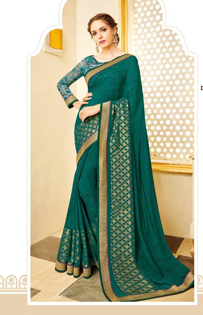 Green plain georgette saree with blouse - Brijraj - 2914789
