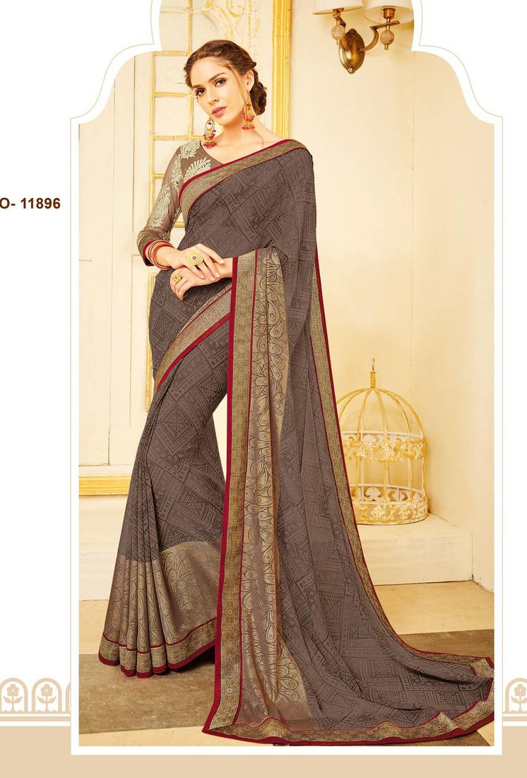 Grey plain georgette saree with blouse - Brijraj - 2914793