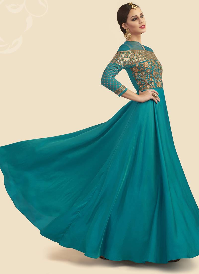 Aqua-Blue Embroidered Silk Salwar - Vasu Sarees - 2915798