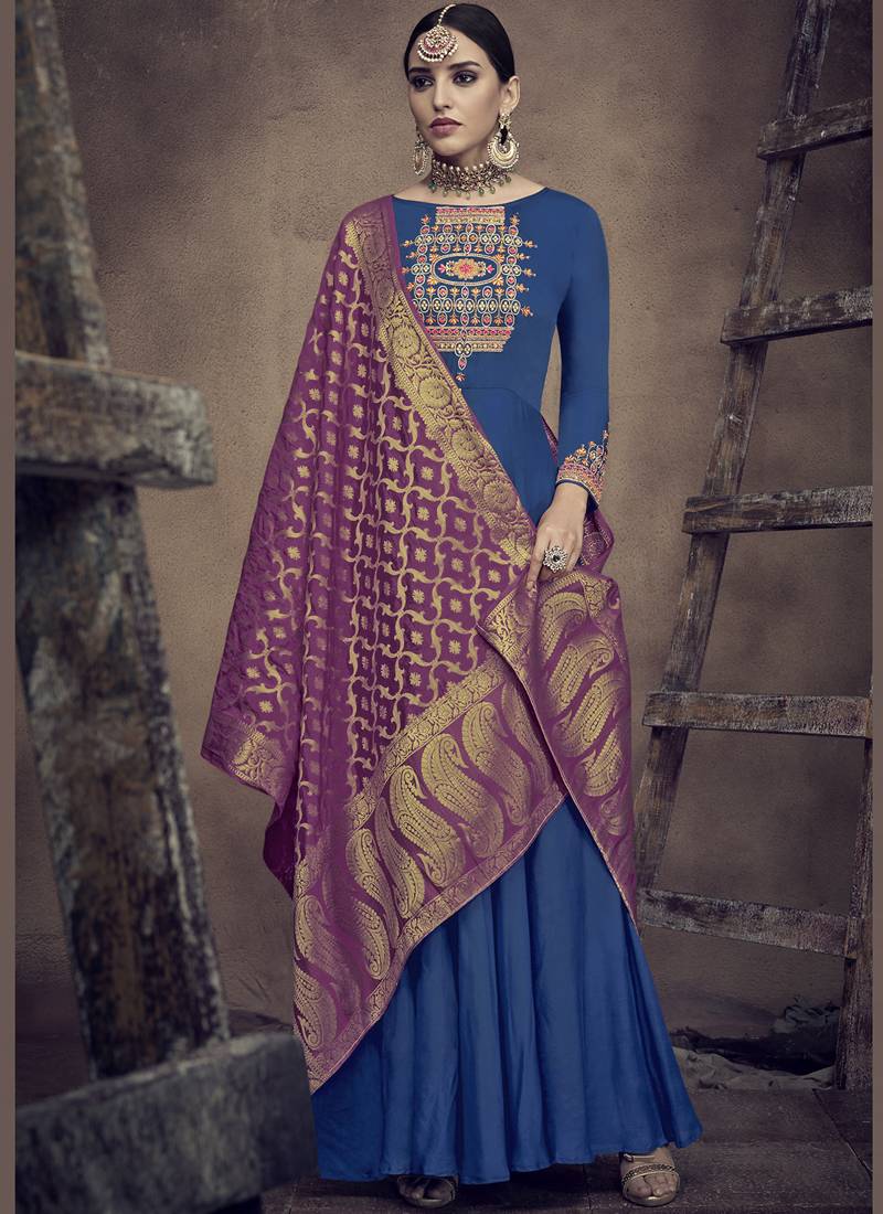 Royal-blue embroidered rayon salwar - Vasu Sarees - 2915853