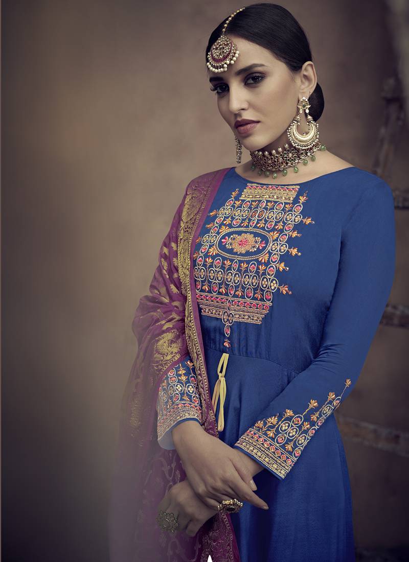 Royal-blue embroidered rayon salwar - Vasu Sarees - 2915853