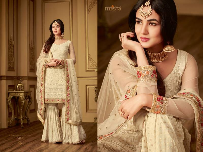 Off White Embroidered Net Sharara Suit Semi Stitched - LAKSHMINARAYAN ...