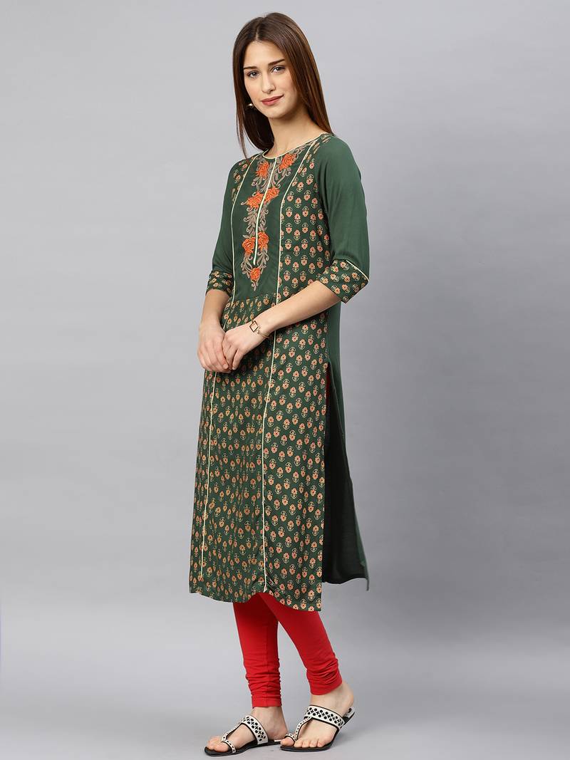 Green printed rayon kurta - Alena - 2917459