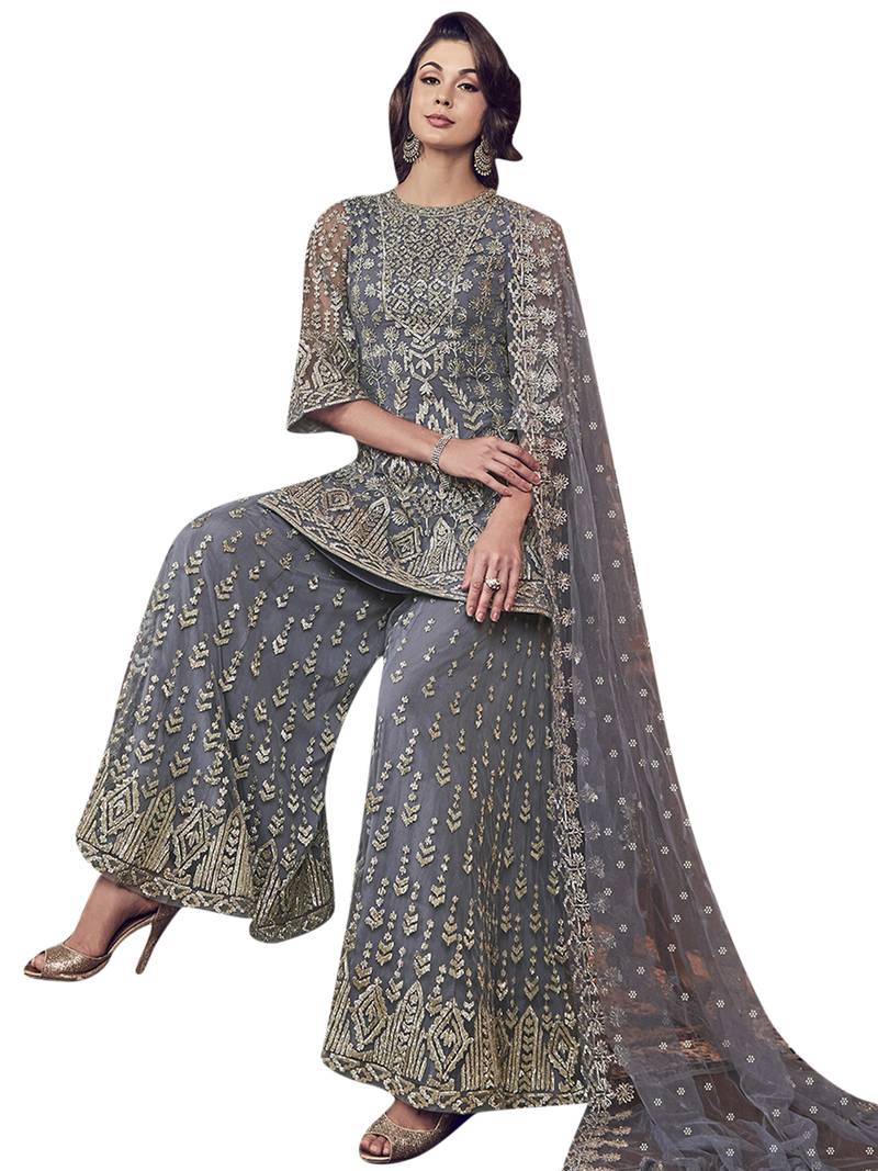 Grey embroidered net salwar - Stylee Lifestyle - 2918775