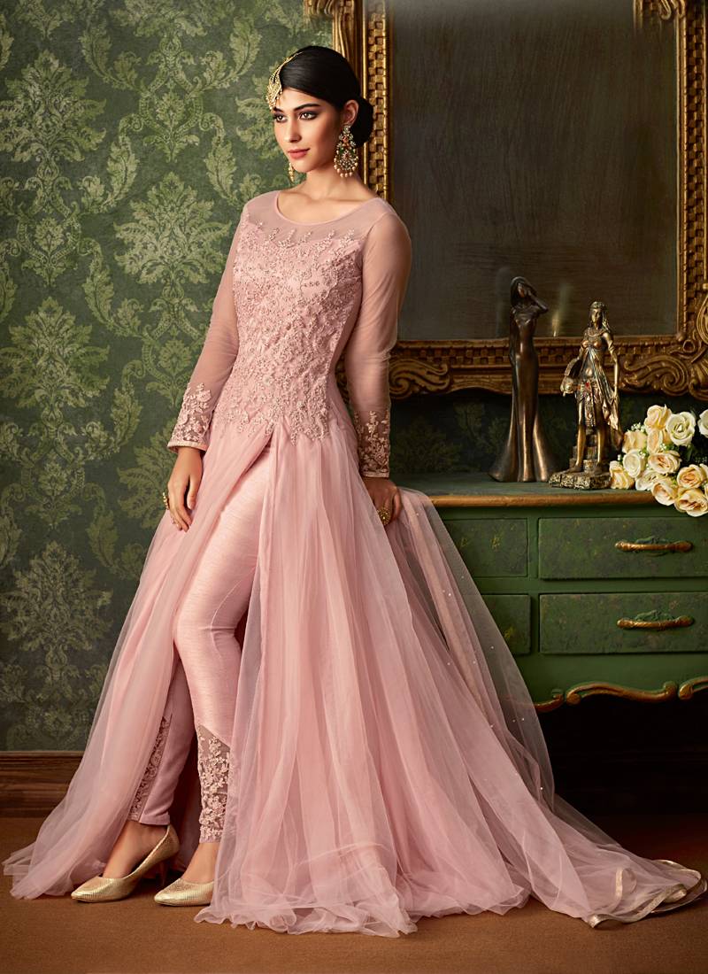 Baby-pink embroidered net salwar suits - Vasu Sarees - 2919974
