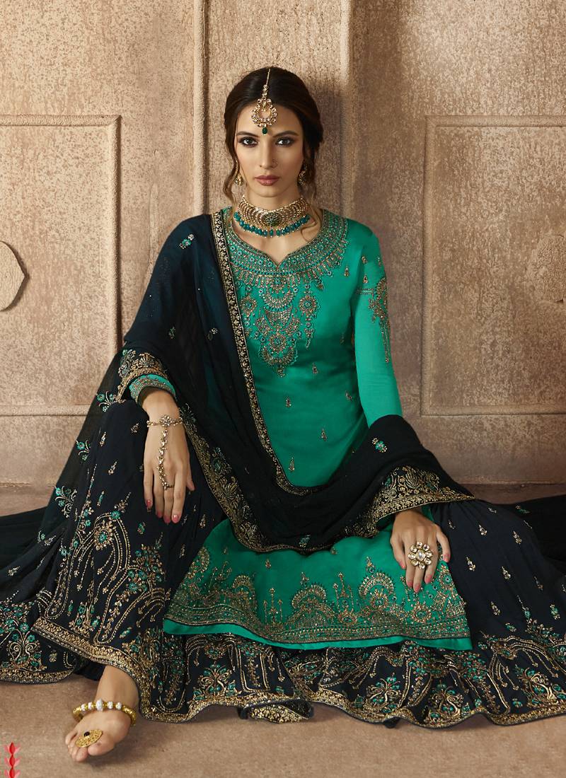 Teal-green thread georgette sharara suits - Vasu Sarees - 2919991