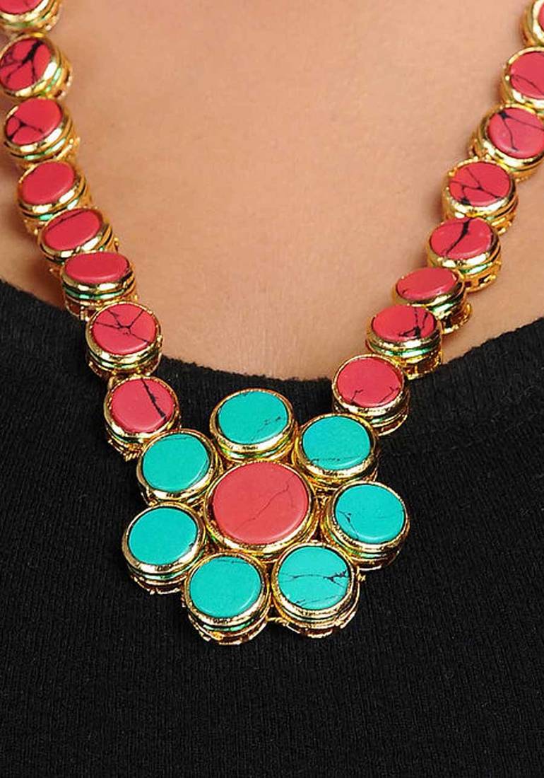 Red-Turquoise Gold Tone Handcrafted Necklace - Glitterati by Alankriti ...