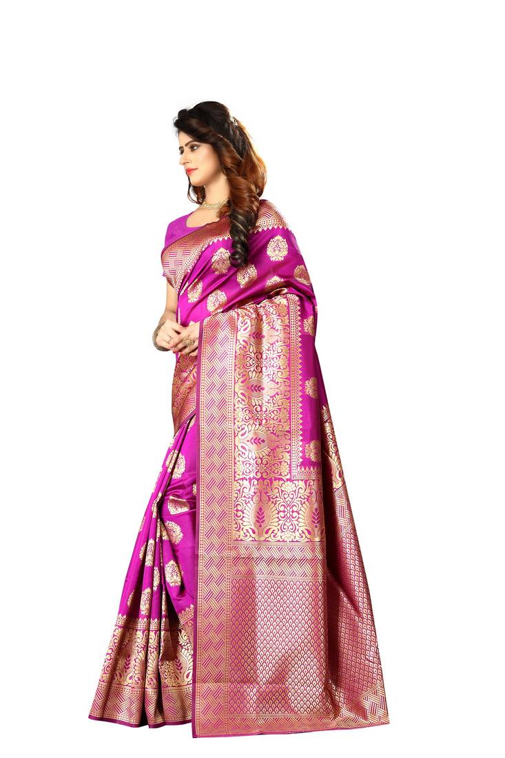 Rani Pink Woven Art Silk Saree With Blouse - MARUTI - 2927039