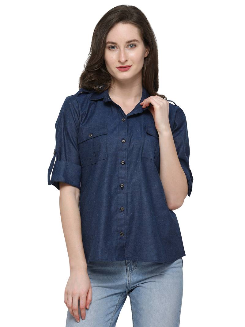 Navy-blue plain denim tops - Satrani Fashion - 2927423