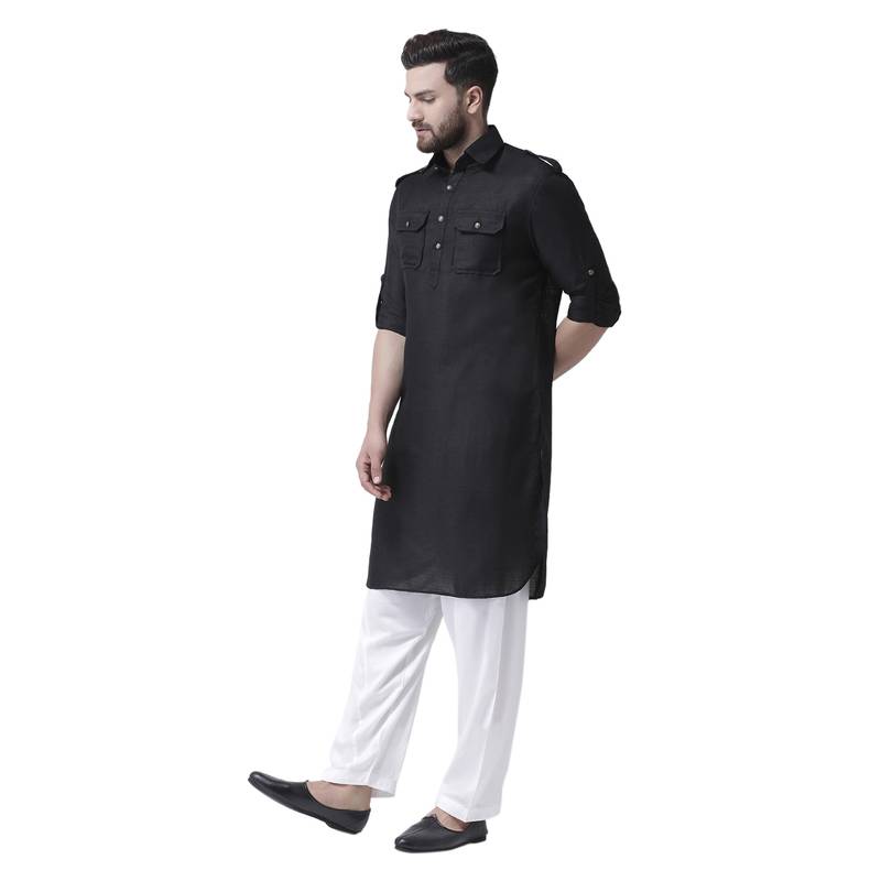 Black Woven Jute Men Kurta - I Know - 2928239