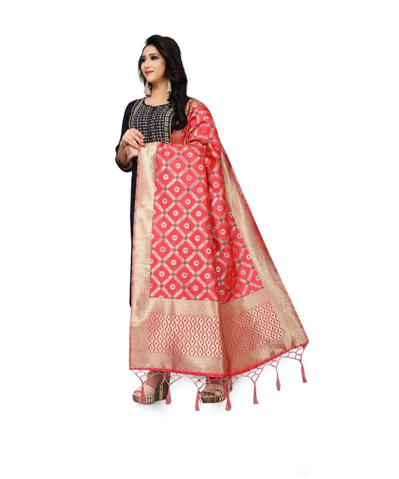 Peach Color Poly Silk Banarasi Women's Dupatta - MARUTI - 2928354
