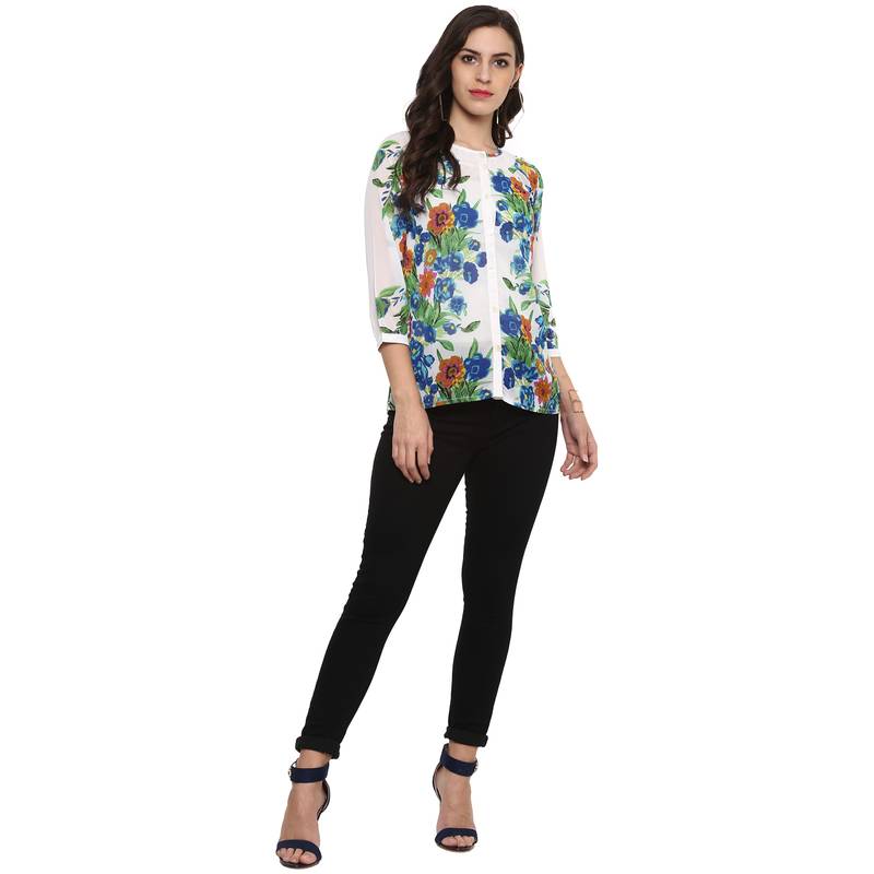 White Womens Georgette Floral Print Top - YASH GALLERY - 2928544