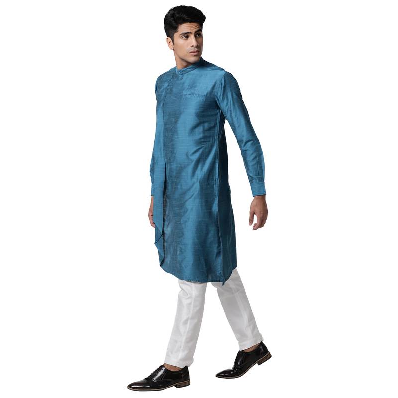Svanik Turquoise Blue Pleated Design Men's Kurta - Svanik - 2930229
