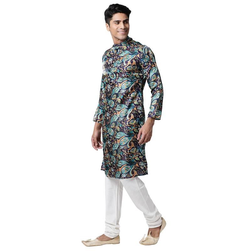 Svanik Navy Blue Floral Print Men's Kurta - Svanik - 2930319