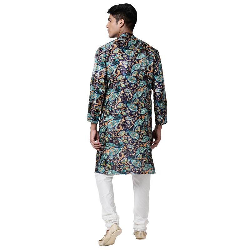 Svanik Navy Blue Floral Print Men's Kurta - Svanik - 2930319